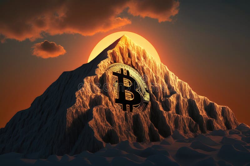 Bitcoin at the Bottom of the Mountain at Sunset. Generative AI Stock ...