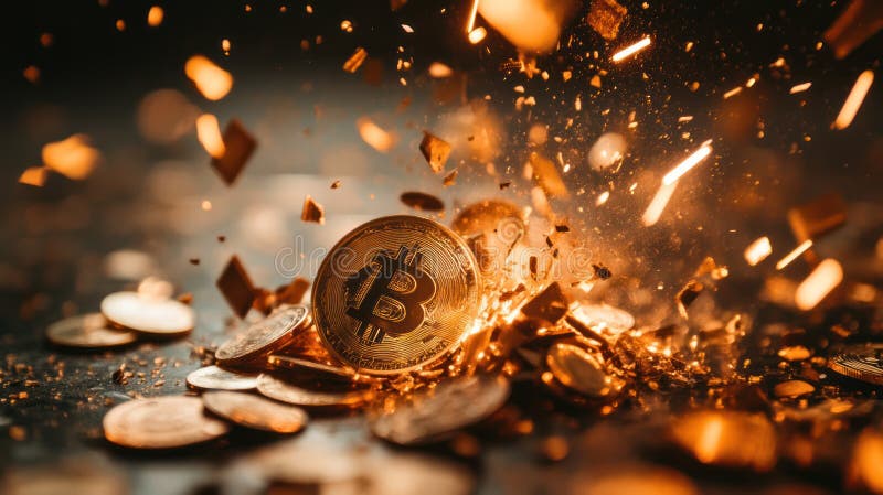 Bitcoin Breaking Floor with Explosion, Creating Cinematic Effect Stock ...