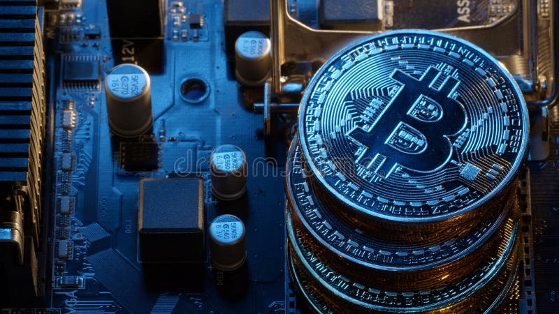 Bitcoin BTC Coins in CPU Central Processor Socket on Digital Pc ...