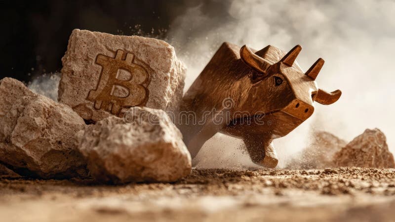 Bitcoin Bull Market Concept with a Stone Bull and Bitcoin. Stock ...