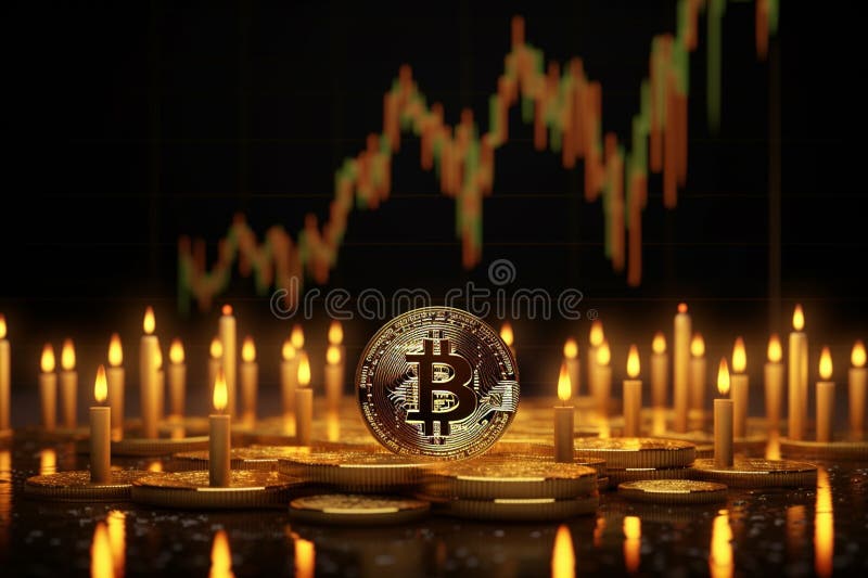 Bitcoin with Candles and Candlestick Chart. 3D Illustration Stock ...