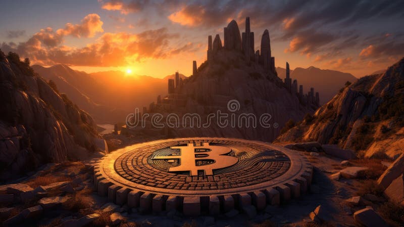 Bitcoin Carved into the Granite Mountat Sunset. Generative AI Stock ...