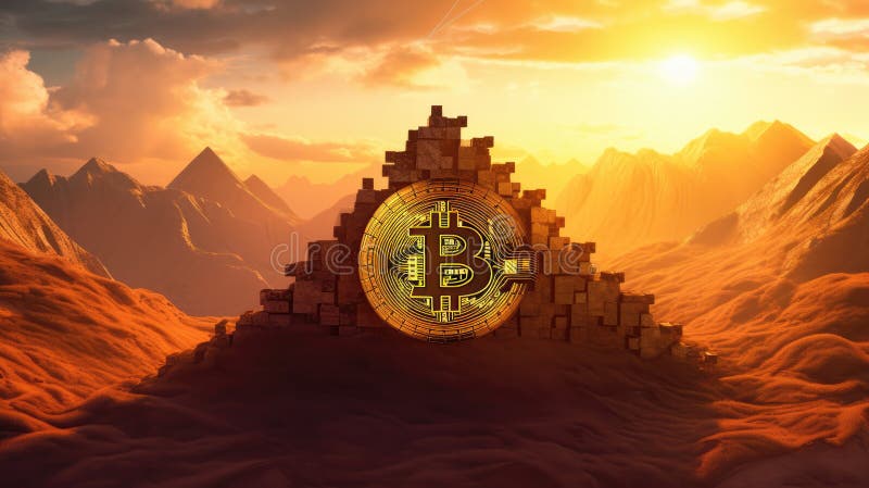 Bitcoin Carved into a Triangular Mountain Sunset. Generative AI Stock ...
