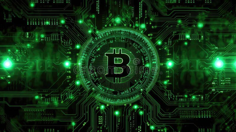 Bitcoin Circuit Board Background Green Black. Generative AI Stock ...