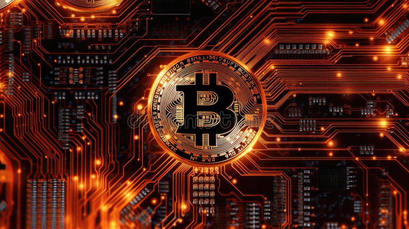 Bitcoin Circuit Board Background Orange Black. Generative AI Stock ...