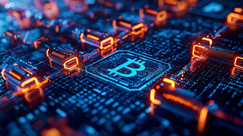 Bitcoin Circuitry a Digital Currency S Core in Glowing Blue and Orange ...