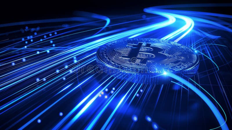 Bitcoin Coin with Blue Digital Light Trails Stock Image - Image of ...
