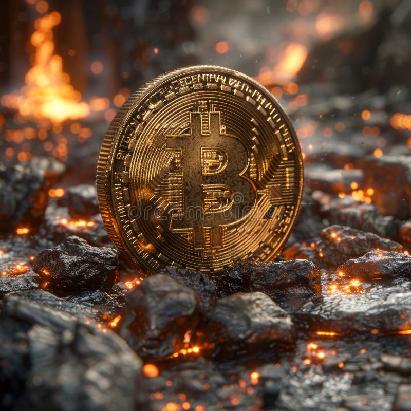A Bitcoin Coin on Fire, Casting a Shadow, Placed on a Rocky Ground ...