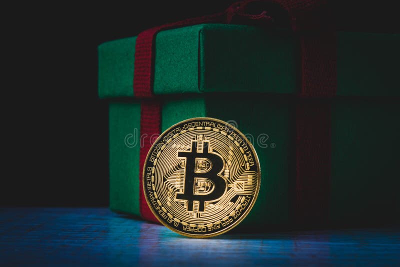 Bitcoin Coin in Gift Box of Red Green Color. Christmas Gift Stock Image ...