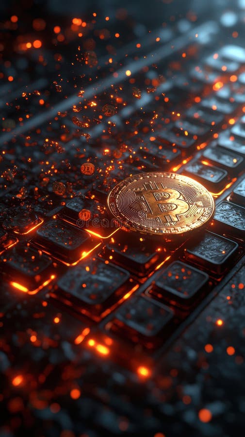 Bitcoin Coin Glowing on Keyboard with Sparkling Effects in ...