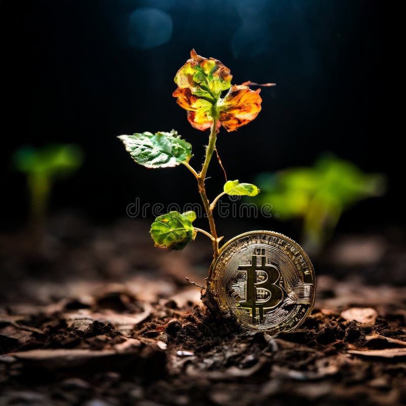 Bitcoin Coin Emerging from Soil with a Sprouting Plant Under Dramatic ...