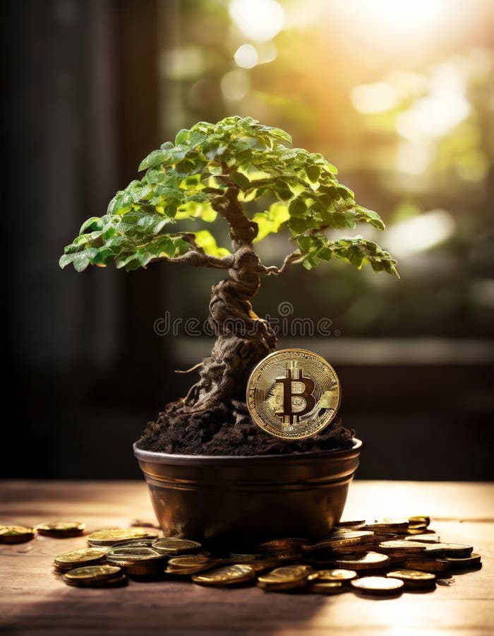 Bitcoin Coin Placed in Soil with Bonsai Tree in Sunlight Stock Photo ...