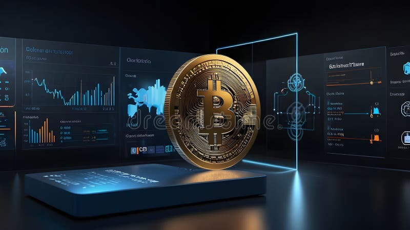 Bitcoin Coin on Platform with Data Charts Stock Illustration ...