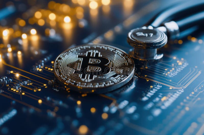 Bitcoin Coin Resting on a Circuit Board with a Stethoscope in a Tech ...
