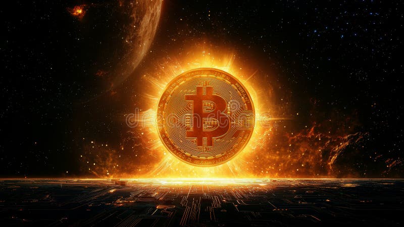 Bitcoin Coin Rising Like a Glowing Sun Over the Horizon. Stock Image ...