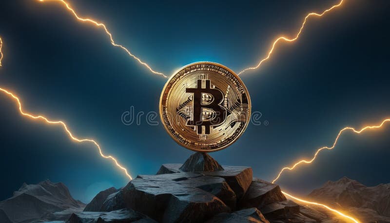 Bitcoin Coin on Rocky Peak with Lightning Bolts Stock Photo - Image of ...
