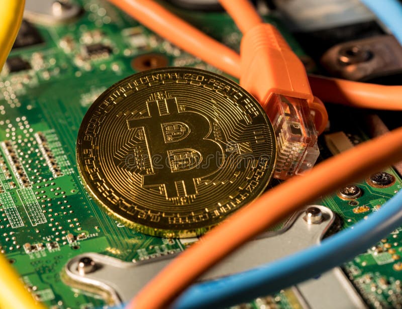 Bitcoin Coin Standing on Motherboard of Computer Stock Image - Image of ...
