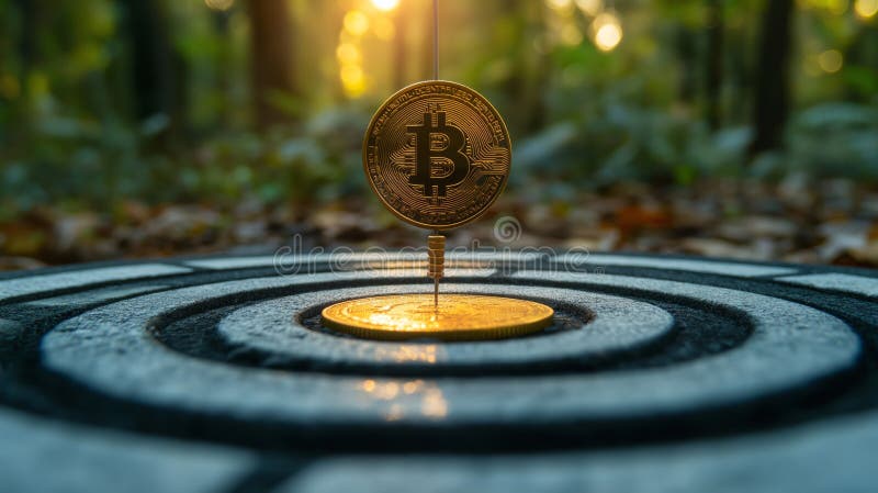 Bitcoin Coin on Target Board in Forest during Sunset Stock Illustration ...