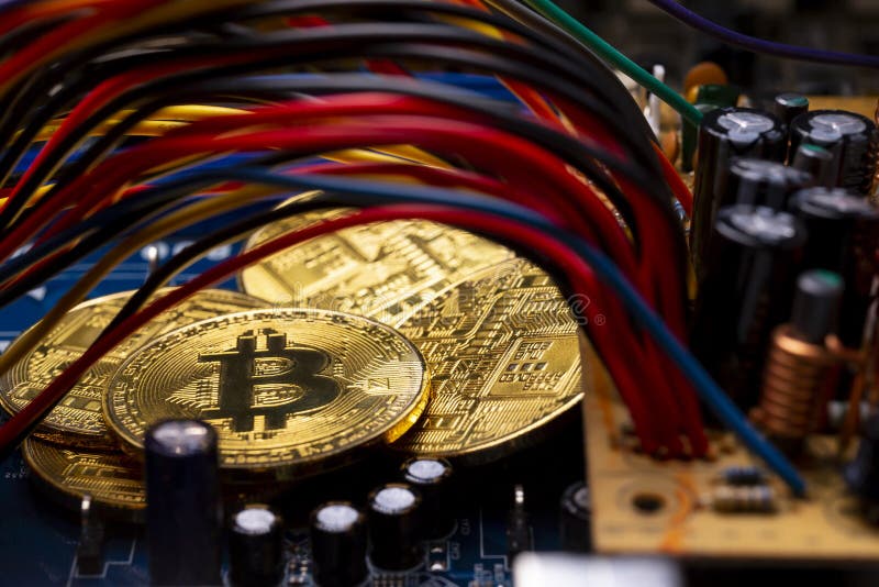 Bitcoin Coins, Colorful Cables and Printed Circuit Board PCB Stock ...
