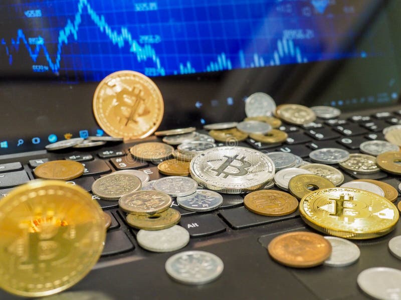 Bitcoin and Coins on Computer Keyboard Stock Photo - Image of banks ...