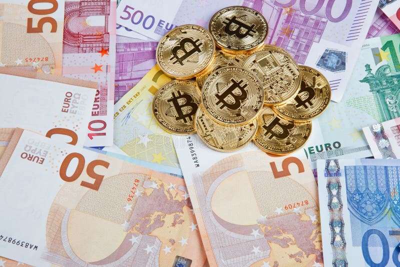 Bitcoin coins with euros stock photo. Image of bank - 155758180