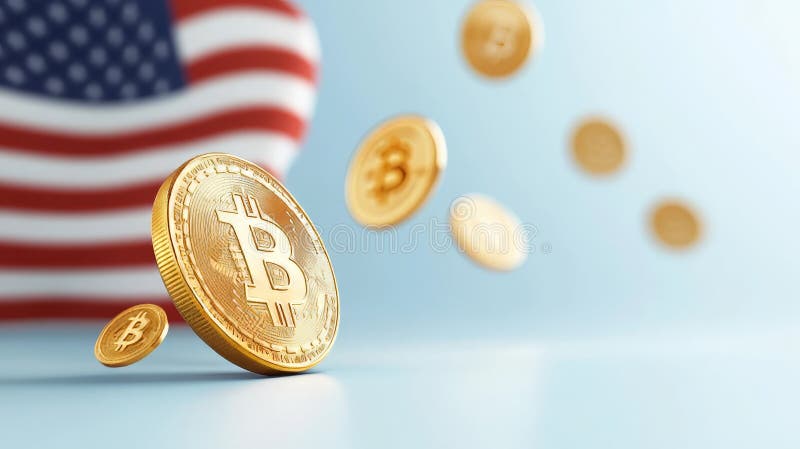 Bitcoin Coins in Motion with Blurred American Flag Background Stock ...