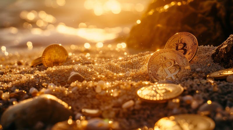 Bitcoin Coins on Sand in Sunset Glow Stock Photo - Image of outdoors ...