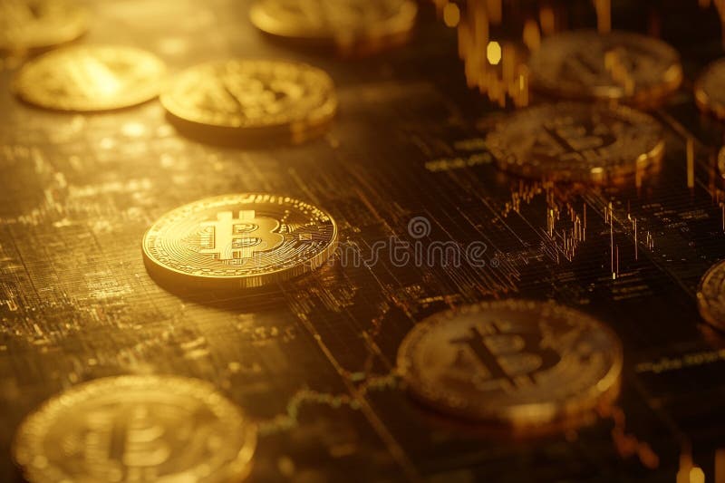 Shiny Bitcoin Coins Scattered on a Digital Trading Platform with ...