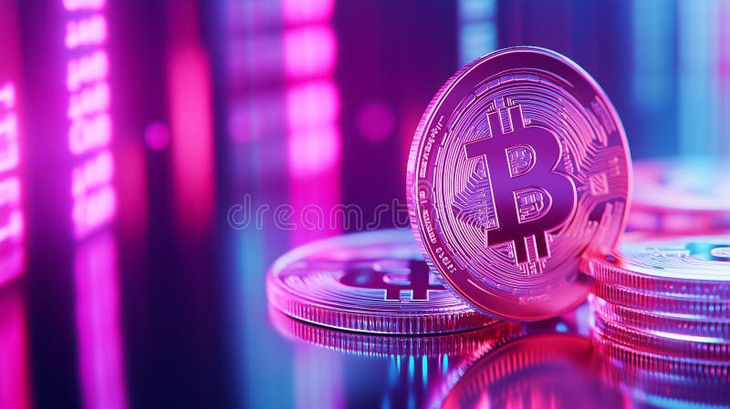 Bitcoin Coins Shine Under Colorful Neon Lights, Creating a Striking ...
