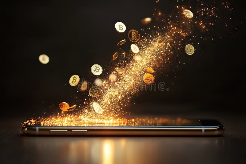 Bitcoin Coins in a Stream of Gold Particles Fly Out of the Screen of a ...