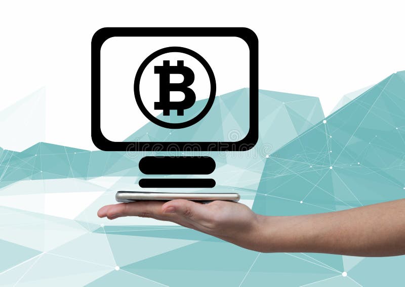 Bitcoin Computer Icon and Hand Holding Phone Stock Photo - Image of ...