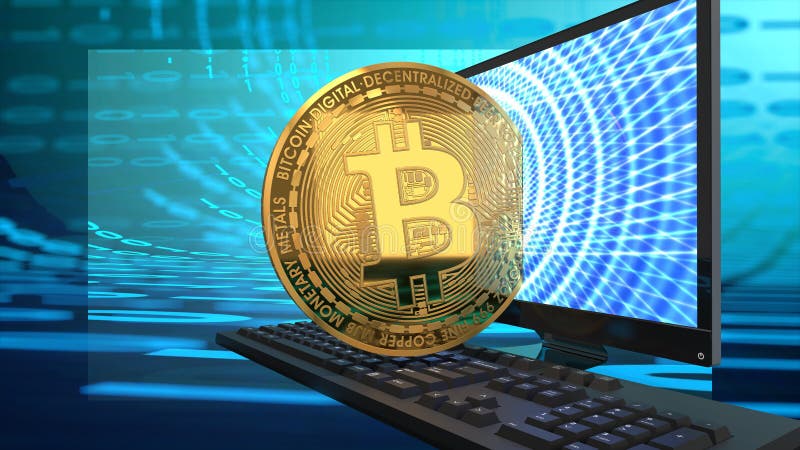 Bitcoin Cyber Currency, Close Up, Golden Coin, Blue Digital Background ...