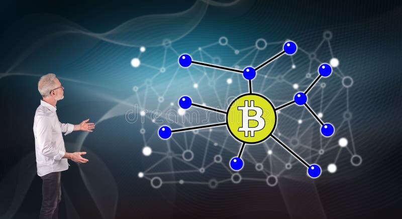 A Bitcoin Concept Explained by a Businessman on a Wall Screen Stock ...
