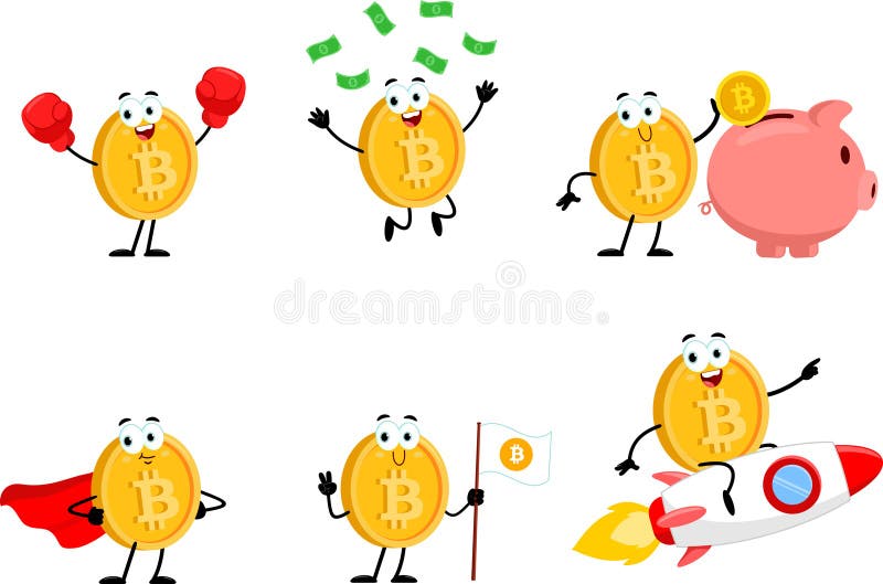 Bitcoin Crypto Cartoon Character. Vector Flat Design Collection Set ...