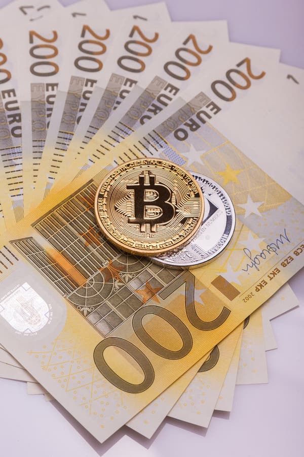 Bitcoin Crypto Currency Coin Over 200 Euro Bank Notes Stock Image ...