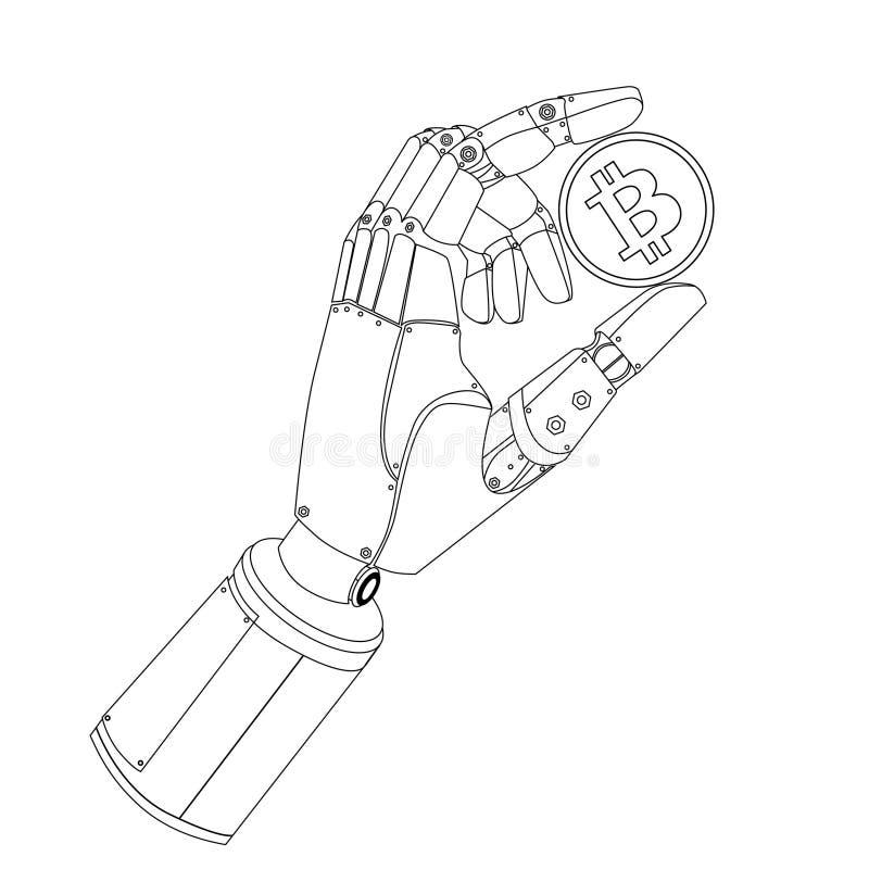 Bitcoin Cryptocurrency and Artificial Intelligence Concept.Robot Hand ...
