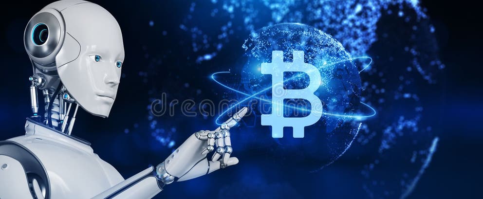 Bitcoin Cryptocurrency BTC Trading. Robot Pressing Button on Screen 3d ...