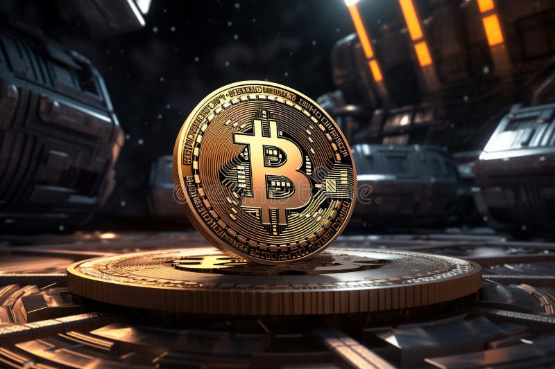 Bitcoin Cryptocurrency Coin on the Background of a Futuristic Spaceship ...
