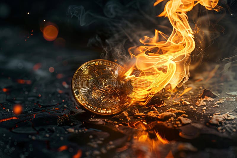 Bitcoin Cryptocurrency Coin Burning in Flames on Ashes Stock Photo ...