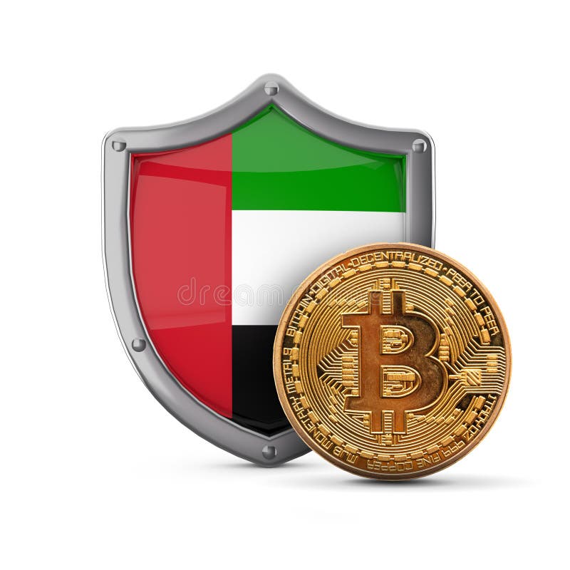 Bitcoin Cryptocurrency Coin in Front of a UAE Flag Shield. 3D Render ...