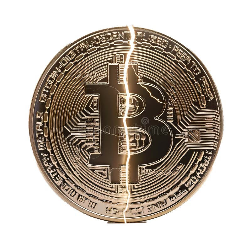 Bitcoin Cryptocurrency Coin Breaking in Half on White Background Stock ...
