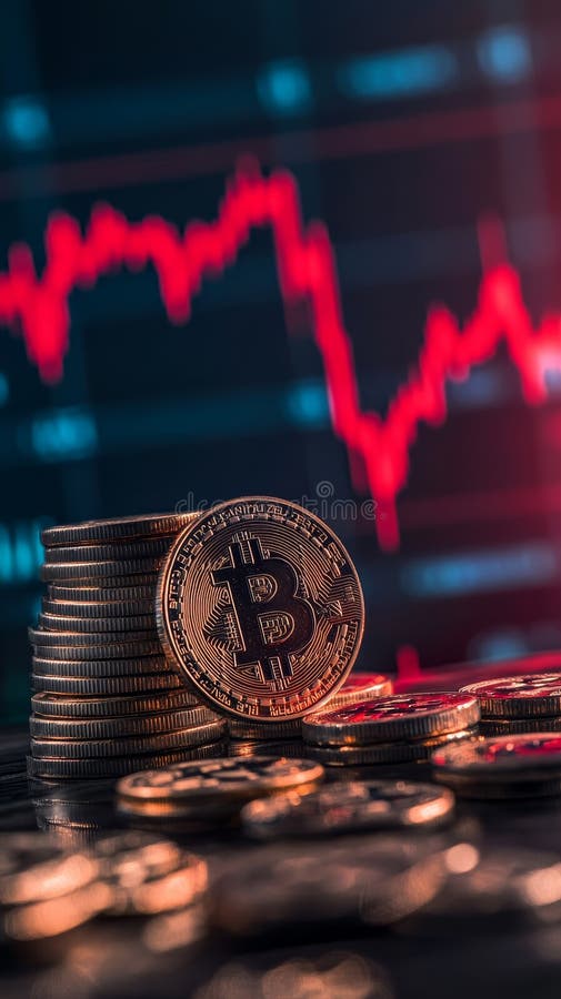 Bitcoin Cryptocurrency Coins Stack Showing Bearish Trend on Digital Trading Graph Chart Stock ...