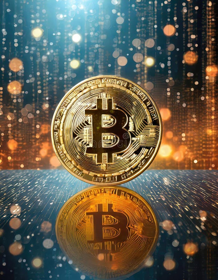 Bitcoin Cryptocurrency Golden Coins Stack Reflecting on Shiny Surface ...