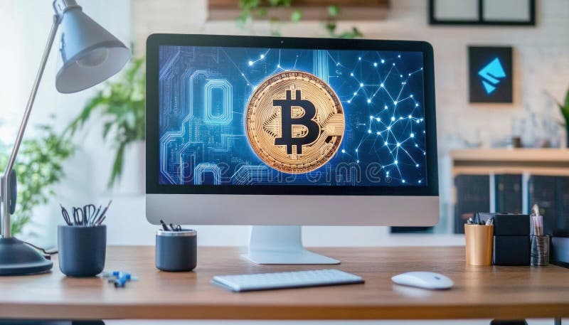 Bitcoin Cryptocurrency Showing on Computer Screen in Modern Office ...