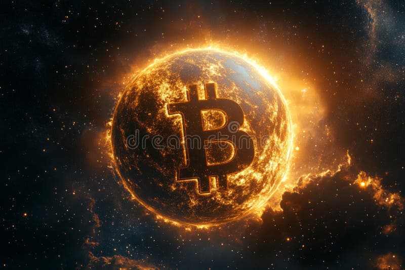 Bitcoin Cryptocurrency Symbol Burning on Planet Earth Surrounded by ...