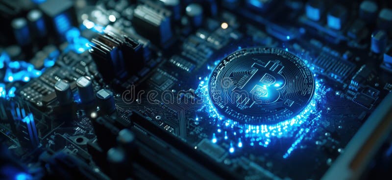 Bitcoin Cryptocurrency Symbol Illuminated on Computer Motherboard ...