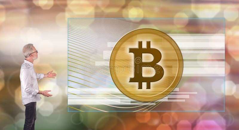 A Bitcoin Currency Concept Explained by a Businessman on a Wall Screen ...