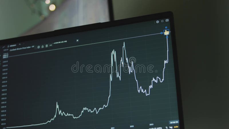 Bitcoin Currency Graph with Lines on Computer Screen. Using Thumbs Up ...