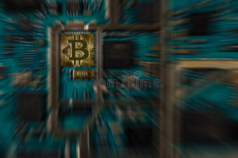 Bitcoin Digital Currency on Electronic Print Circuit Board with Zooming ...