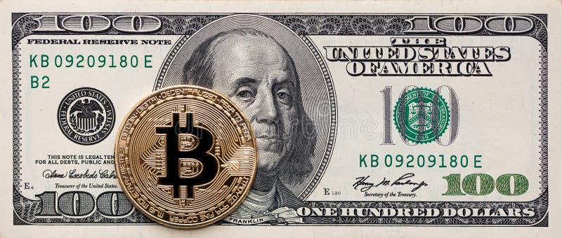 Bitcoin on 100 Dollar Banknote Stock Photo - Image of abstract ...